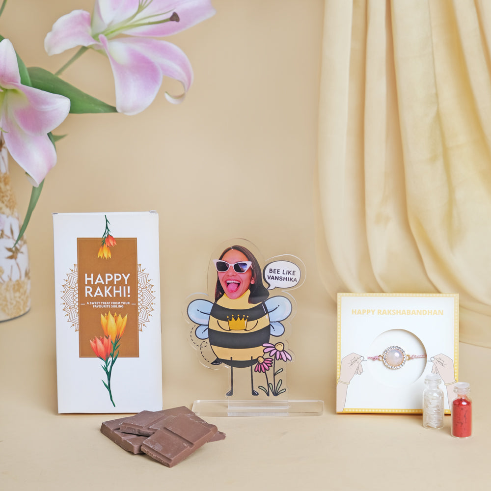 Buzzing Bee Combo| Unique Rakhi Combo with Personalized Bee Standee ...
